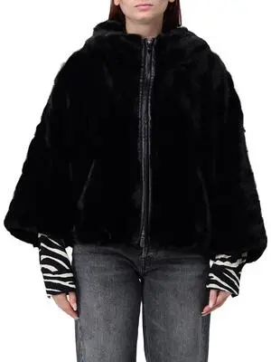Pinko Hooded Faux Fur Jacket With Zip Closure - Black