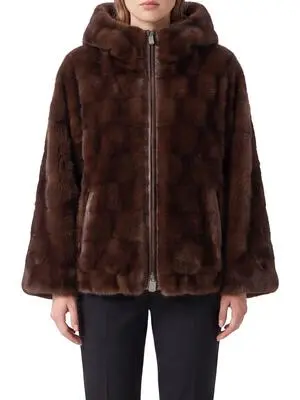 Pinko Hooded Faux Fur Jacket With Front Zip Closure - Brown