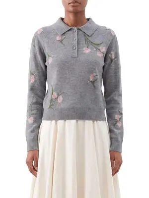 Erdem Erdem Floral Long Sleeve Wool Knit Polo Grey