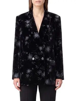 Pinko Double-breasted Abstract Print Velvet Blazer With Padded Shoulders - Black