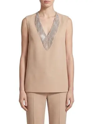 Sportmax V-neck Sleeveless Top With Jewel Fringe - Beige