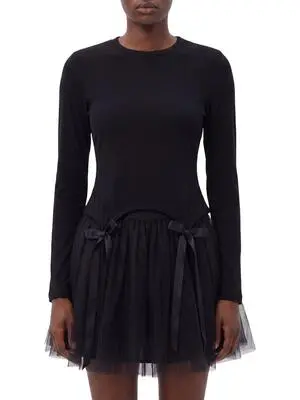 Simone Rocha Long-sleeved Lyocell Top With Embroidery And Bow Detail - Black