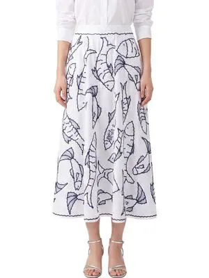 Farm Rio Fresh Fish Graphic Print Linen Blend A-line Midi Skirt With High Waist - White