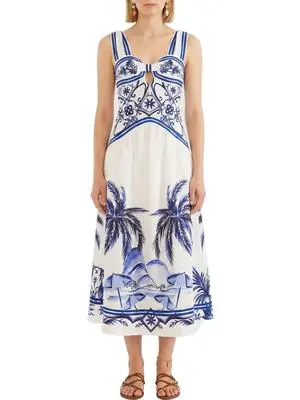 Farm Rio Wonderful City Floral Print Linen Midi Dress With Square Neckline - White