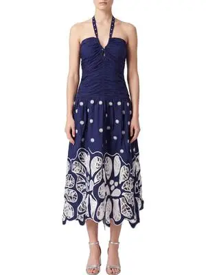 FARM RIO Richelieu Floral Print Cotton Midi Dress With Halter Neck