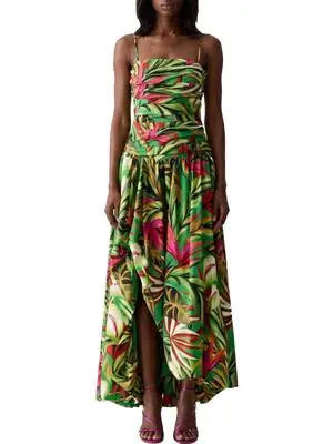 Farm Rio Tropical Dream Asymmetrical Cotton Midi Dress With Tropical Print - Yellow