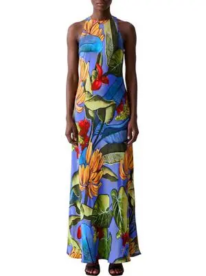 Farm Rio Banana Grapes Floral Print Long Dress With Halter Neck - Blue