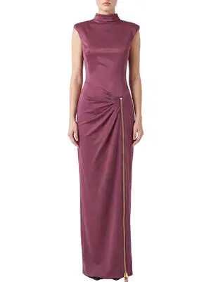 Balmain High-neck Ruched-waist Jersey Long Sheath Gown - Pink