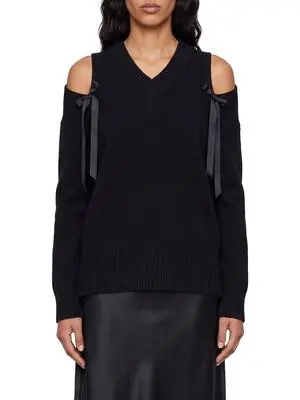 Simone Rocha Cashmere V-neck Sweater With Cut-out Shoulders And Bow Embellishments - Black