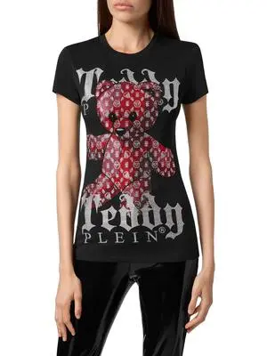 Philipp Plein Slim Fit Jersey T-shirt With Rhinestone Teddy Bear Graphic - Black