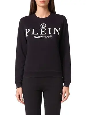 Philipp Plein Crewneck Cotton Sweatshirt With Contrast Logo Print - Black