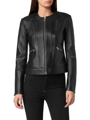 Philipp Plein Cropped Slim Fit Smooth Calfskin Leather Biker Jacket - Black