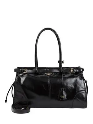Prada Leather Handbag With Structured Handle, W 38cm X H 23cm X D 13cm - Black