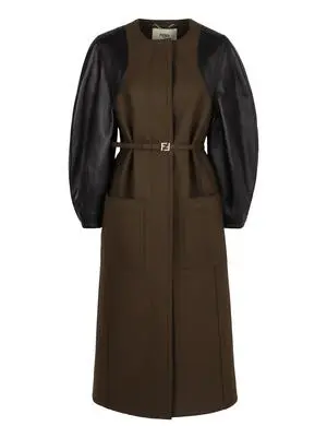 Fendi Felt Wool Cocoon Jacket With Leather-sleeve Belted Waist - Green
