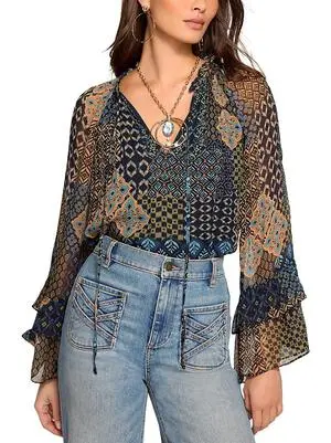 Ramy Brook Anya Printed V Neck Top - Navy Multi