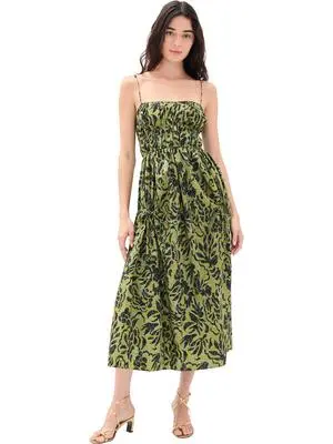 Ulla Johnson Ruched Botanical Print Cotton Dress - Chartreuse