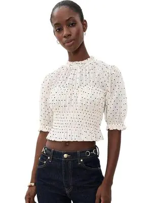 Ulla Johnson Rae Puff Sleeve Cotton Top With Smocked Bodice - Blanc