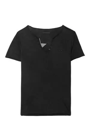 Zadig&Voltaire Henley T-shirt With Fishnet And Rhinestones - Black