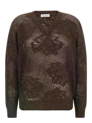 Brunello Cucinelli Floral Lace Mesh Knit V-neck Sweater With Sequin Embellishment - Brown
