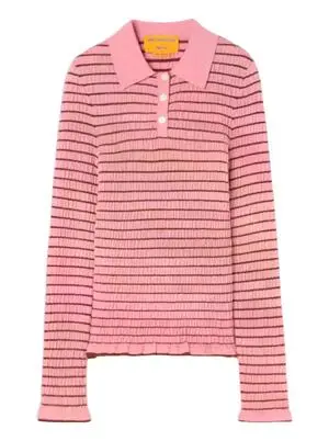 Guest In Residence Striped Shirred Polo Shirt Pink