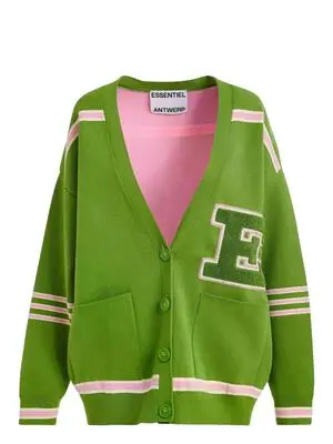 Essentiel Antwerp V-neck Cardigan With Striped Detail And Appliqu - Green