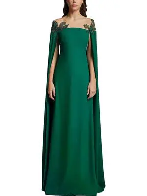 CRISTALLINI Bel Air Bead-embellished Cape-sleeve Maxi Dress - Green