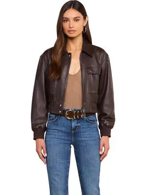 L'Agence Clotilde Cropped Leather Bomber Jacket - Brunette