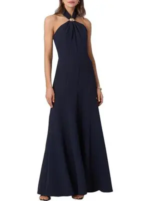 Shoshanna Halterneck Stretch Crepe Gown - Navy