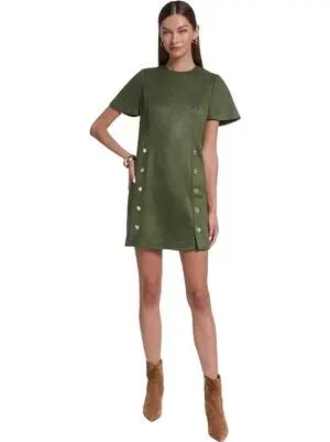 Halston Short Sleeve Suede Shift Dress - Olive