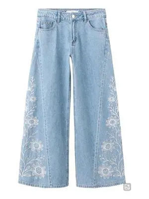 Mango Embroidered Wide Leg Jeans - Medium Blue