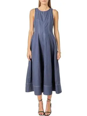 English Factory Stitch Detail Linen Midi Dress - Navy