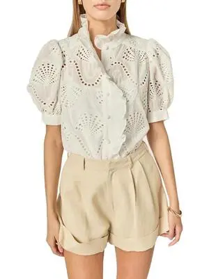 English Factory Embroidered Ruffle Eyelet Cotton Top - White