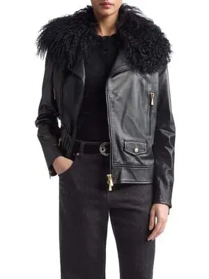 Eleventy Genuine Shearling Collar Leather Biker Jacket - 22 Black