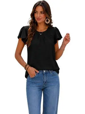 ZILPU Zilpu Lightweight Pleated Flutter Sleeve Chiffon Blouse Black
