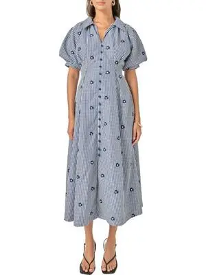 English Factory Embroidered Gingham Shirt Midi Dress - Navy
