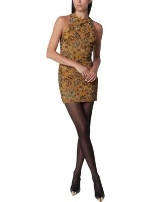Saint Laurent Mini Dress In Gold Stretch Brocade - Brown