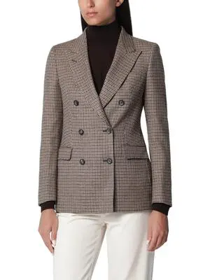 Tagliatore Double-breasted Tobacco-colored Jacket With Houndstooth Pattern In Wool Blend - Brown