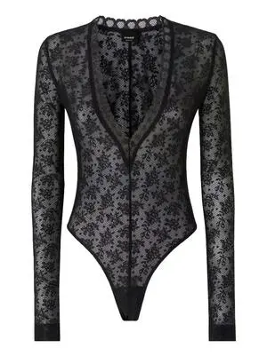 Pinko Floral Lace V-neck Long Sleeve Bodysuit - Black