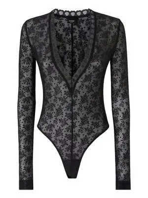 PINKO Floral Lace V-Neck Long Sleeve Bodysuit
