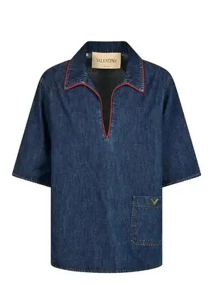 VALENTINO VALENTINO GARAVANI V-Neck Cotton Shirt With Metal Logo Pocket