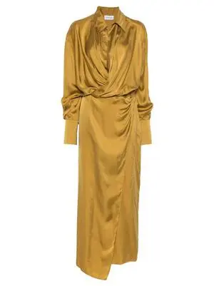 ANDAMANE THE ANDAMANE Draped Waist Plunge V-Neck Wrap Mini Dress With Pointed Collar & Side Split