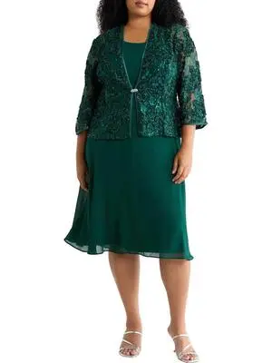 JESSICA HOWARD Sequin Lace Jacket & Sleeveless Dress Set - Hunter