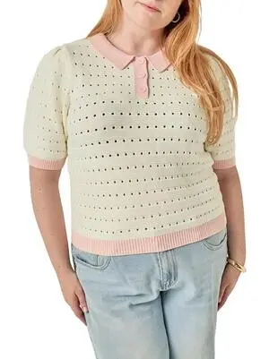 Endless Rose Colorblock Pointelle Short Sleeve Polo Sweater - Ivory/pink