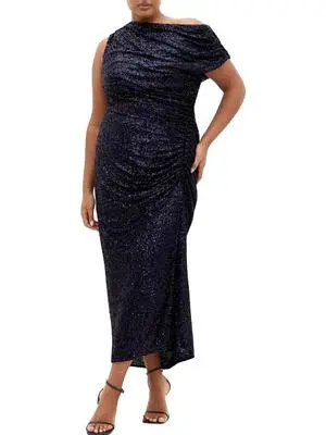 City Chic City Chic Sequin One-Shoulder Maxi Gown Navy Shine