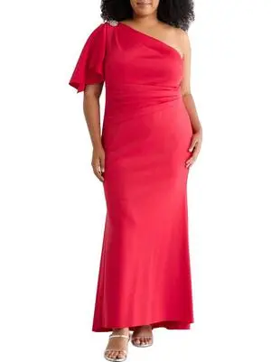 JESSICA HOWARD Cape Sleeve One Shoulder Gown - Ruby Red