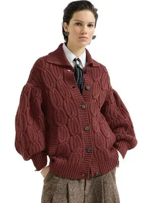 Brunello Cucinelli Cashmere Feather Yarn Heritage Cable Cardigan - Ruby