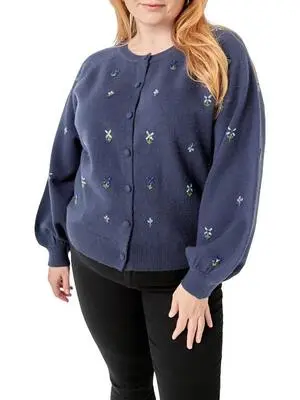 English Factory Beaded Floral Crew Neck Cardigan - Navy