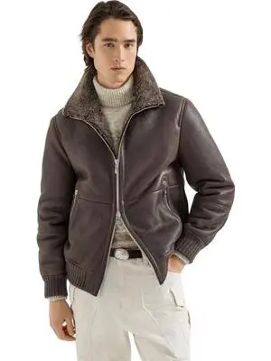 Brunello Cucinelli Vintage-effect Shearling Bomber Jacket - Brown