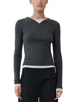 ST. AGNI Cotton V Neck Long Sleeve Top - Charcoal