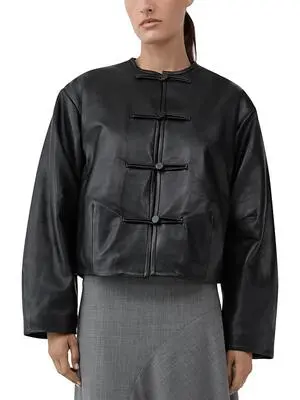 ST. AGNI Leather Button Front Cocoon Jacket - Black